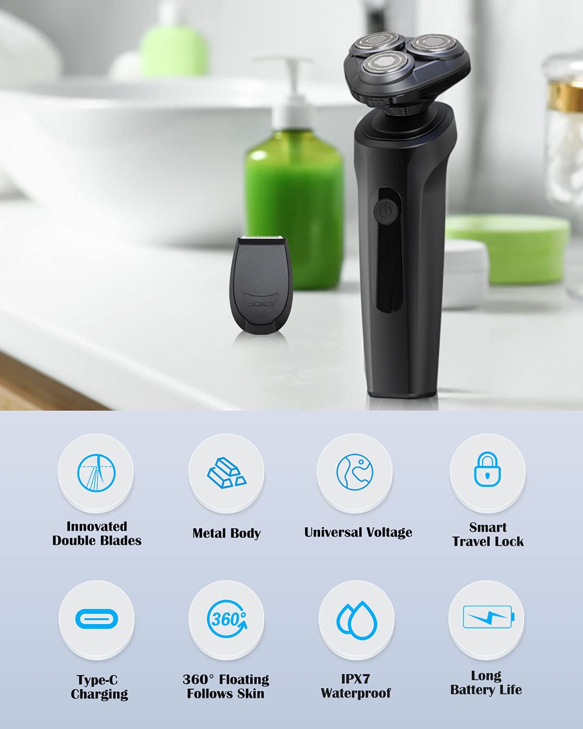 Electric Shavers for Men Rechargeable Rotary Razor Waterproof IPX7 Wet Dry with Beard Trimmer USB Type-C Charging by UICINOY