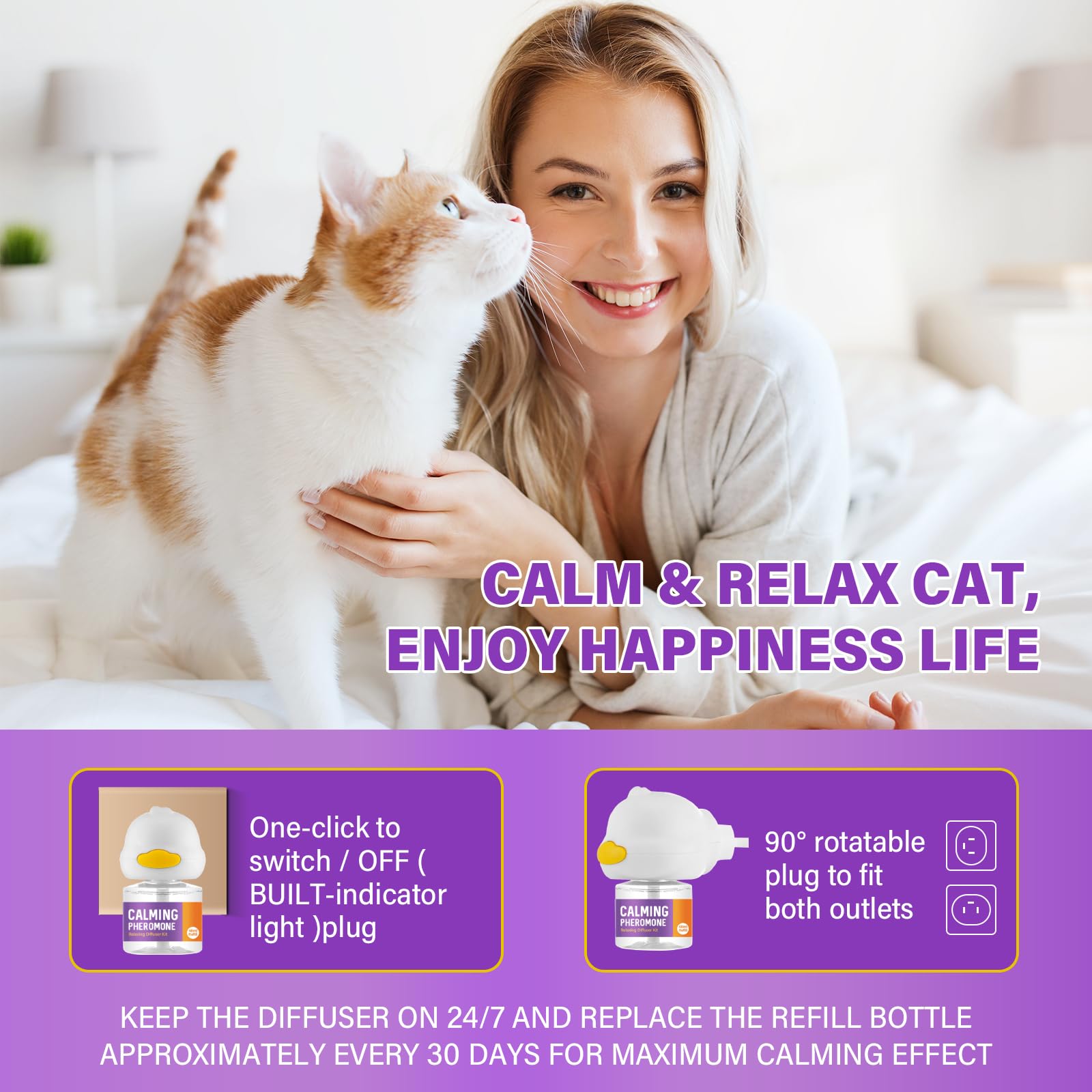 NHZ Cat Calming Diffuser, Release Sustained Pheromone, Reduce Cat Stress in New Environment, 60 Days Long Lasting - 1 Diffuser Head & 2 Pcs Vial