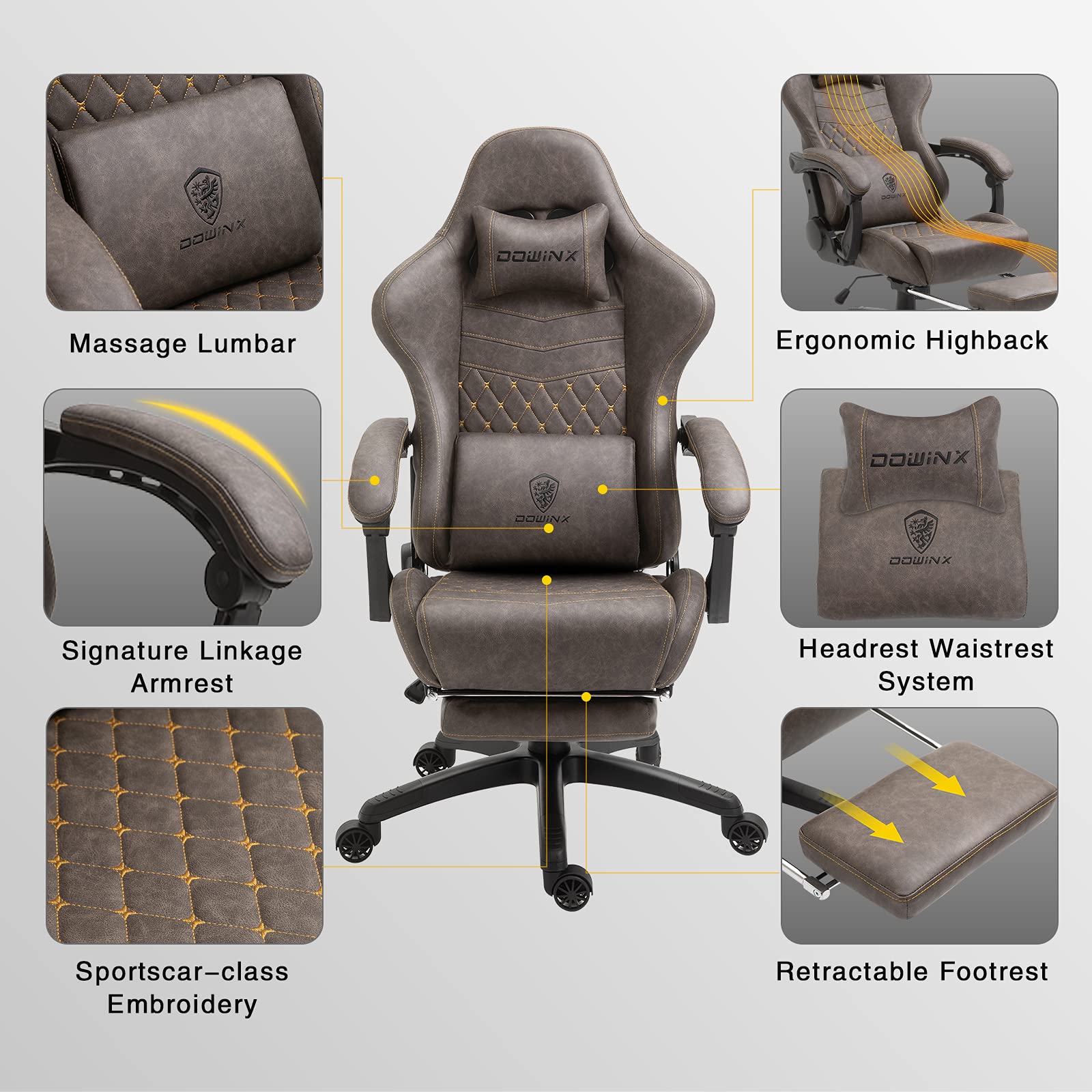 Dowinx Gaming Chair Office Chair PC Chair with Massage Lumbar Support, Vintage Style PU Leather High Back Adjustable Swivel Task Chair with Footrest (Brown)