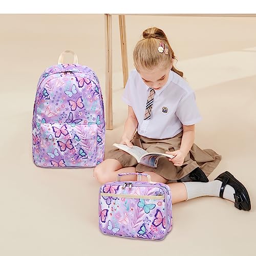 OctSky Backpack for Girls Kids Backpack Elementary Bookbags Teens Middle School Backpack with Lunch Box Water-repellent Lightweight Butterfly Purple