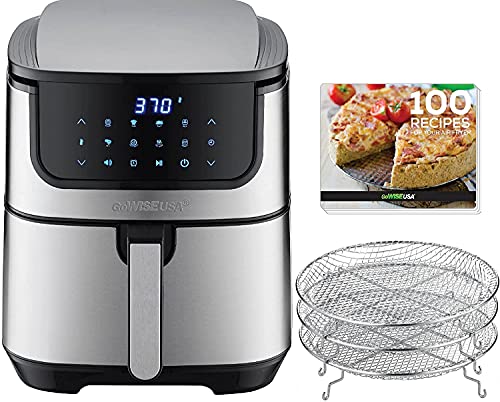 GoWISE USA 7-Quart Air Fryer & Dehydrator Max Steel XL- with Touchscreen Display with Stackable Dehydrating Racks with Preheat & Mute Functions + 100 Recipes (Stainless Steel)
