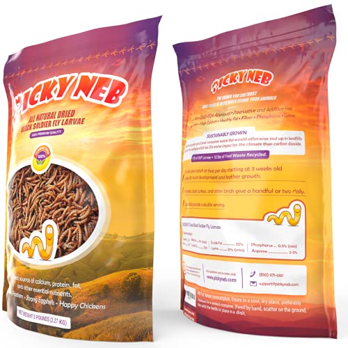 PICKY NEB 100% Non-GMO Dried BSF Larvae Grubs (5 lbs) Bulk - Chicken Treats & Molting Supplement - High-Protein Immune System Booster Snack for Chickens - 85x More Calcium Than Mealworms