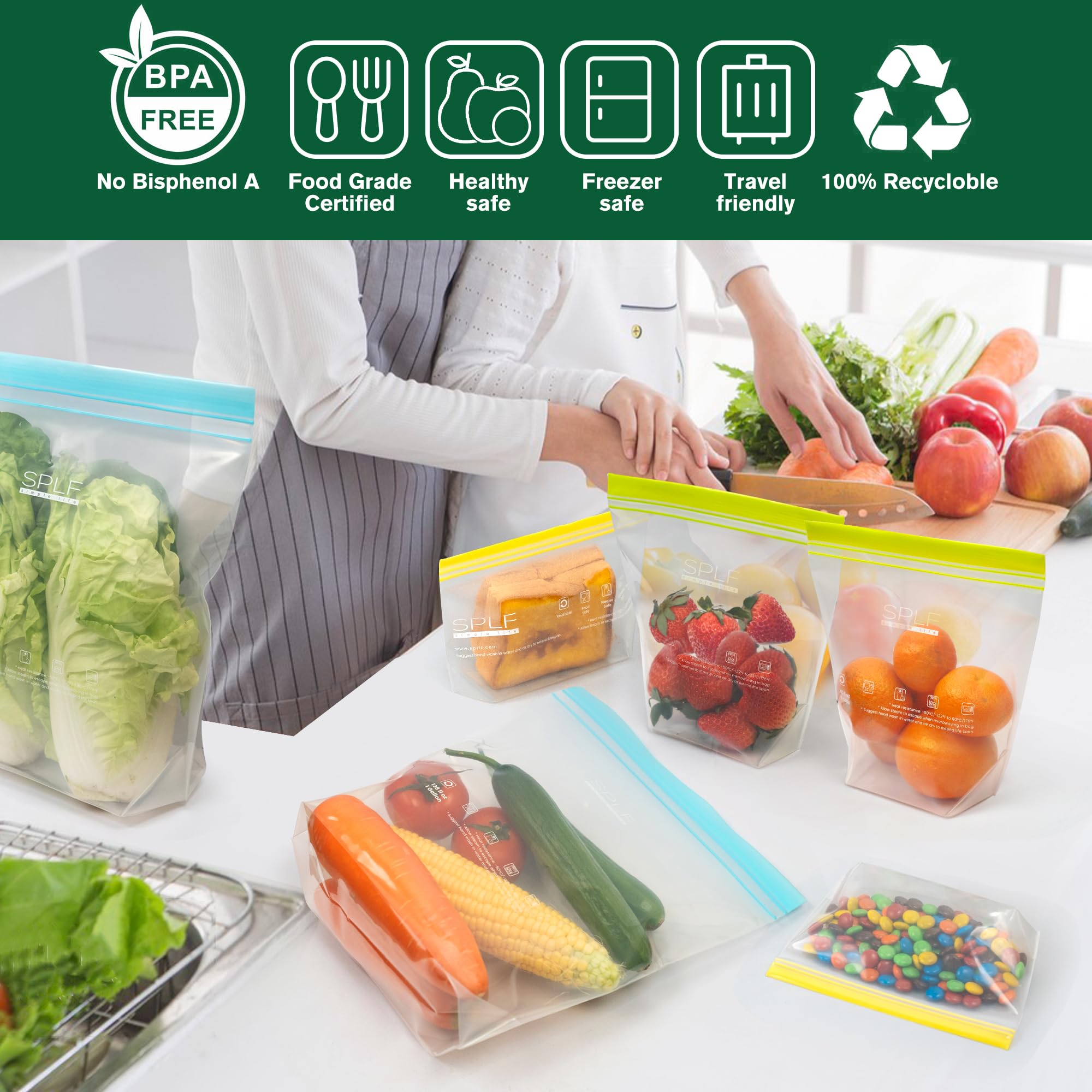 SPLF 12 Pack Reusable Gallon Freezer Bags Dishwasher Microwave Safe, 1 Gallon BPA Free Leakproof Food Storage Bags, Silicone Free Containers for Meal Prep, Fridge Kitchen Organization