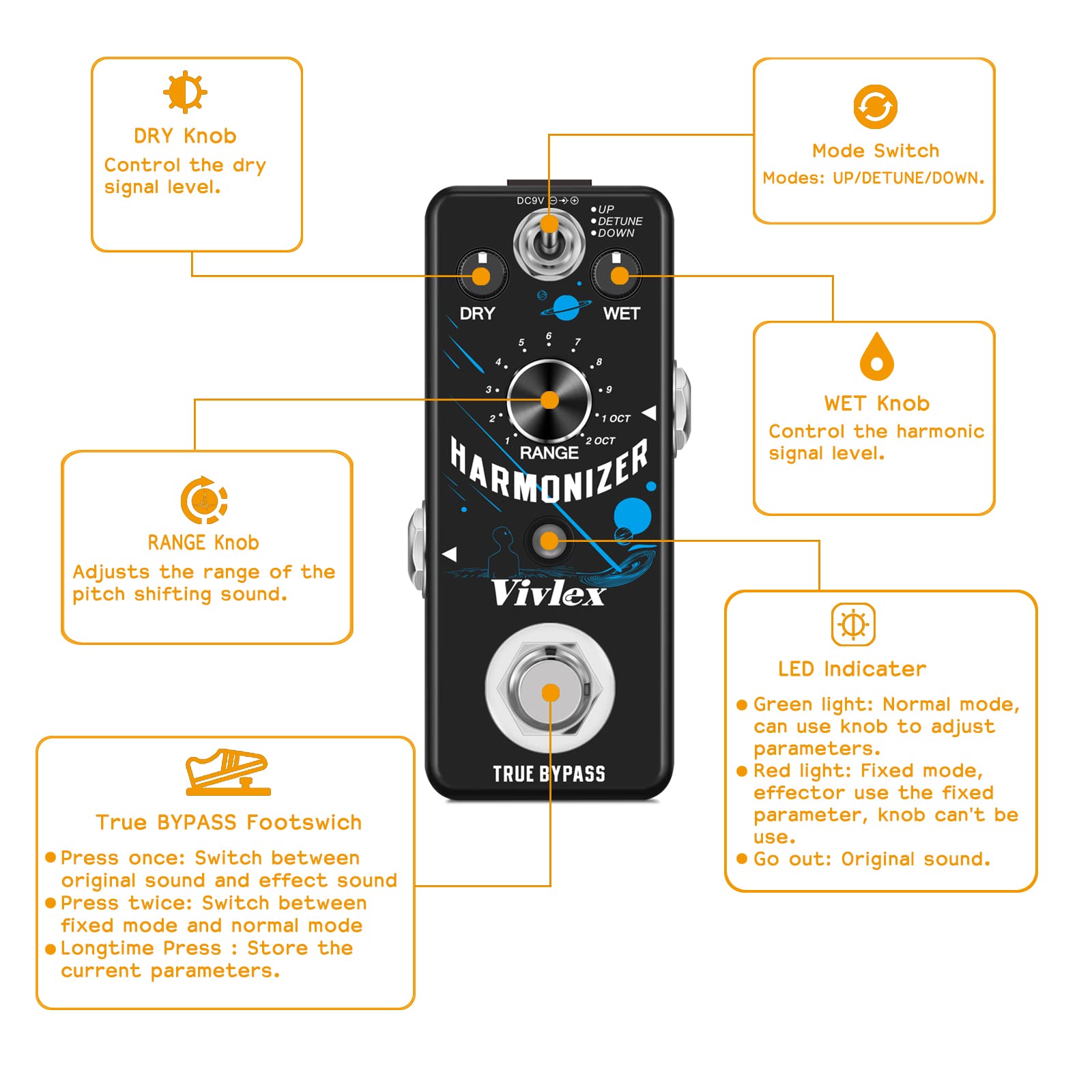 Generic LEF-3807 Guitar Pedal, Pitch Shifter Harmonizer Effects, 3 Modes, WET/DRY Control, Compact Design, True Bypass