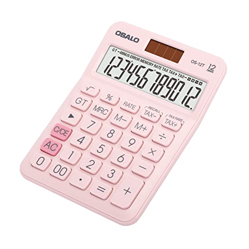 Pocket Small Size Desk Calculator, 12 Digit Large LCD Display, Basic Tax Function Handheld Desktop Calculator with Solar Battery Dual Power, Perfect for Office, School, Business OS-12T (Pink)