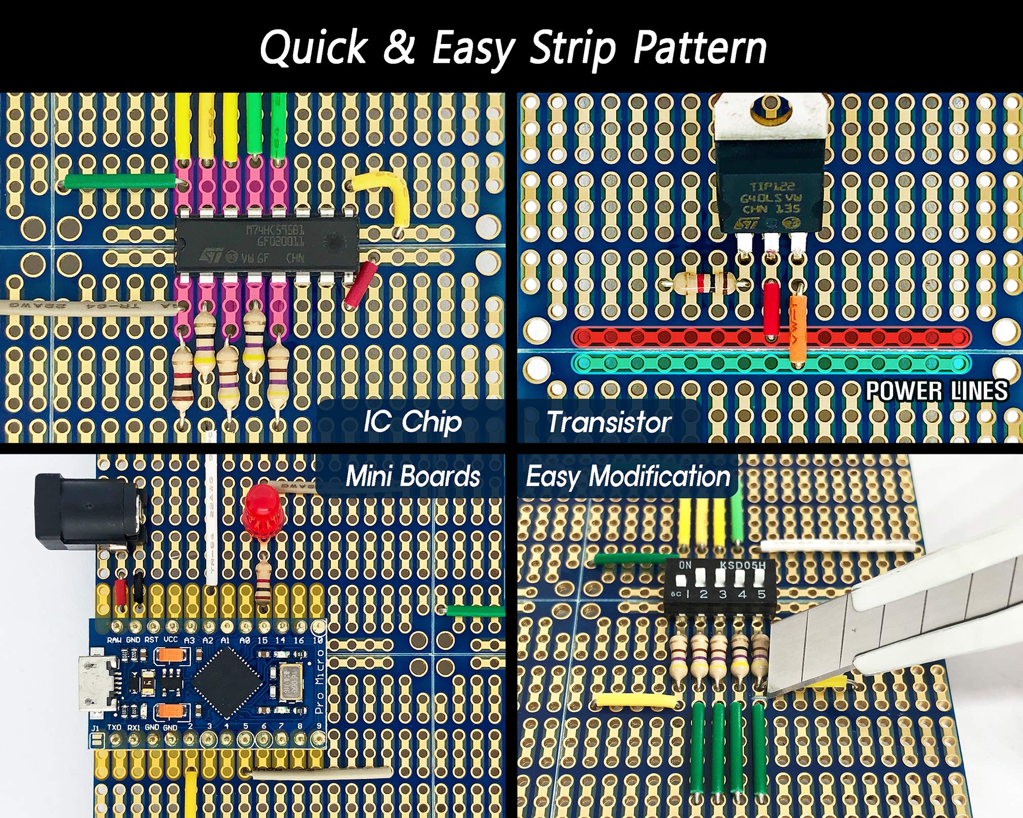 ElectroCookie Snappable PCB, Strip Board with Power Rails for Electronics Projects Compatible for DIY Arduino Soldering Projects, Gold-Plated, 3.8"x3.5" (3 Pack, Blue)