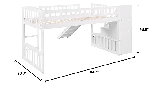 ODC Twin Size Loft Bed with 2 Drawers and Slide for Kids, Solid Wood Loft Bed Frame with Storage, Low Loft Bed with Slide, Ladder and Security Guardrail for Kids Girls Boys Teens
