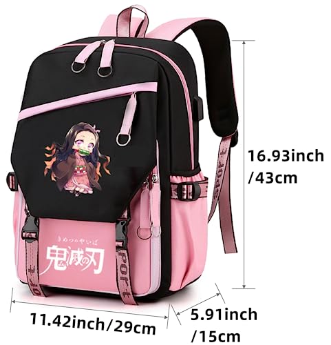 Luckbanjie 17'' Nezuko Backpack Tanjiro Anime School Book Bag Latop Backpacks (Pink-A)