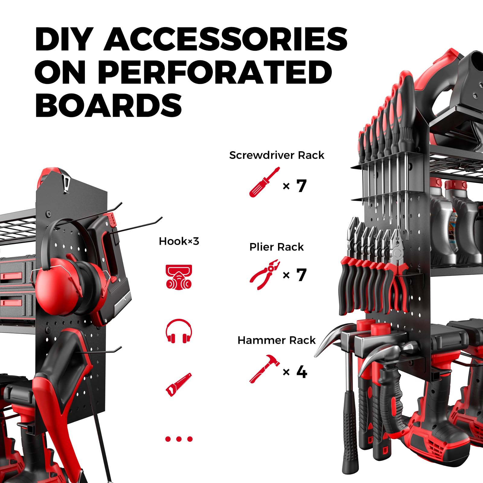 Power Tool Organizer Wall Mount, 8 Drill Tool Organizer, 3 Layer Heavy Duty Metal Tool Storage Rack and Garage Organizer with Hammer Rack/Plier Rack/Screwdriver Rack/Hooks (8 Drill Tool Organizer)