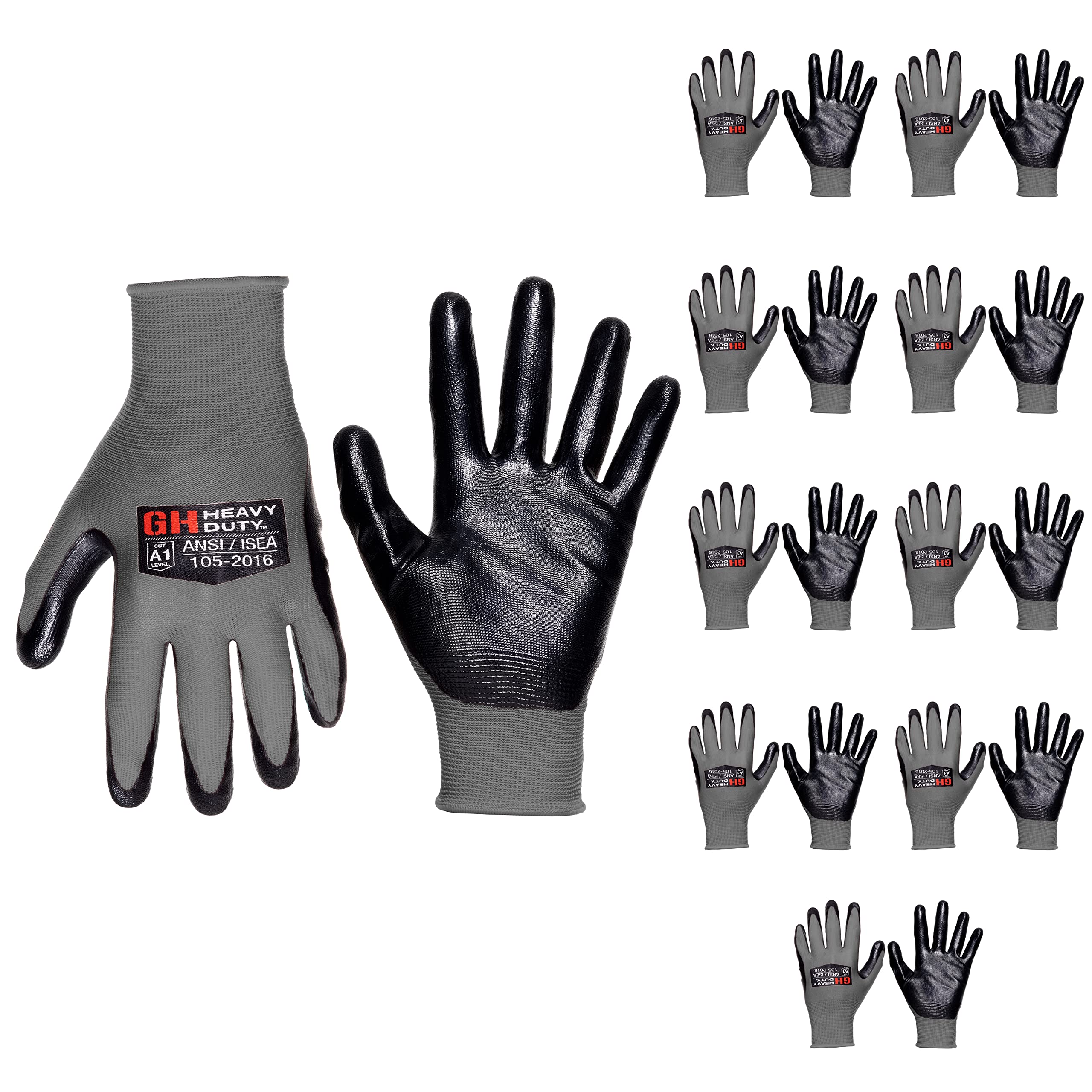 GH Heavy Duty Nitrile Reusable Work Gloves, All Purpose Work Gloves with Cut Resistant Palm, Gloves for Tasks Needing Hand Protection, 5-Pack (Black), Large