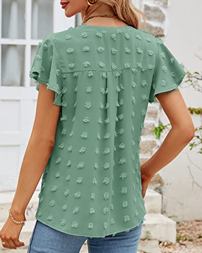 Womens Summer Casual V Neck Tops Ruffle Short Sleeve Tunic Swiss Dot Dressy Flowy Blouses Shirts 2023 Light Green