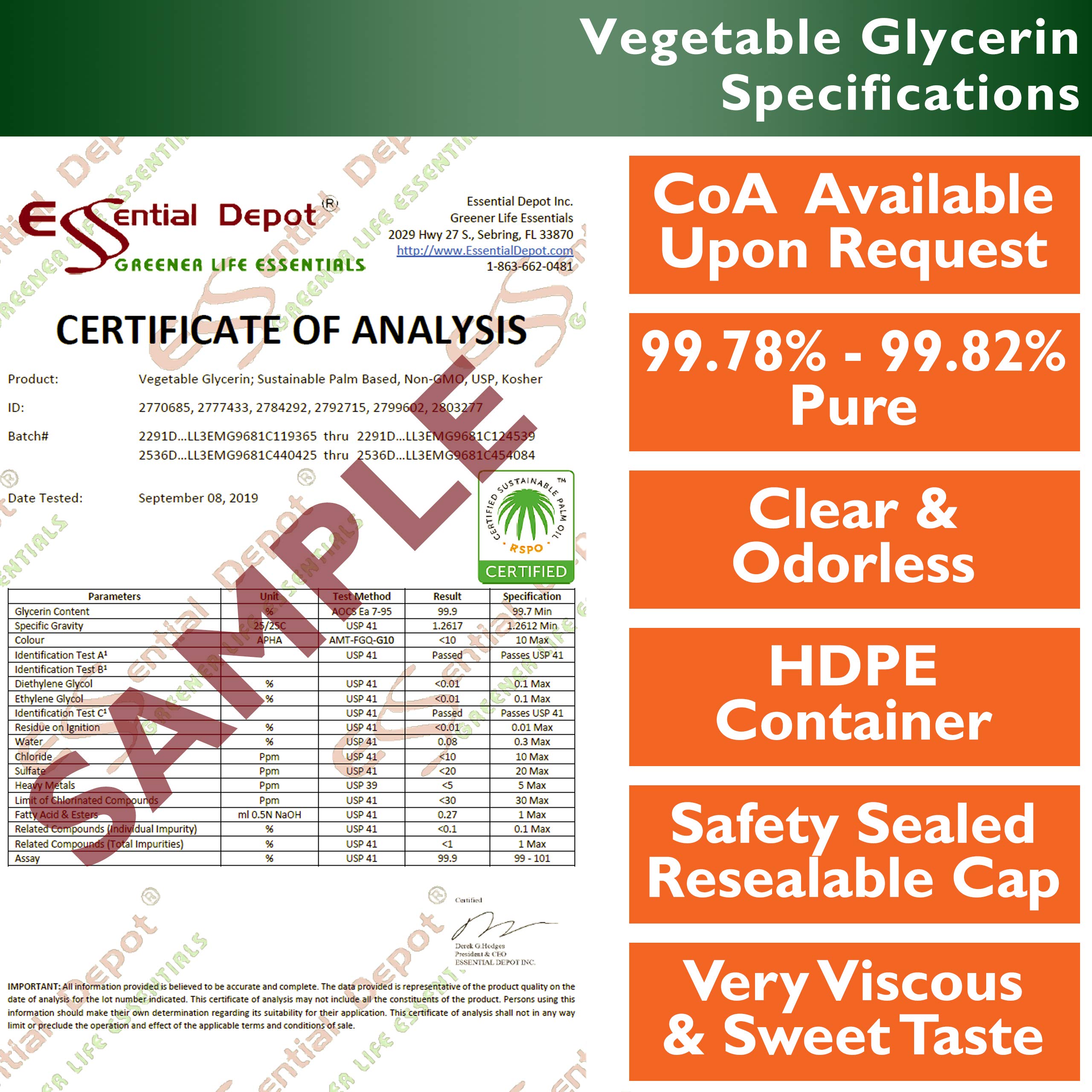 Glycerin Vegetable - 1 Quart (43 oz.) - Non GMO - Sustainable Palm Based - USP - Kosher - Pure - Pharmaceutical Grade - Safety Sealed HDPE Container with resealable Cap