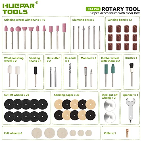 Huepar Tools Mini Cordless Rotary Tool with LED Light, 3-Speed Power Rotary Tool 5000-18000RPM with 98Pcs Accessories, 4V Rotary Tool for Sanding, Polishing, Drilling, Cleaning, DIY Crafts-RT4 PRO