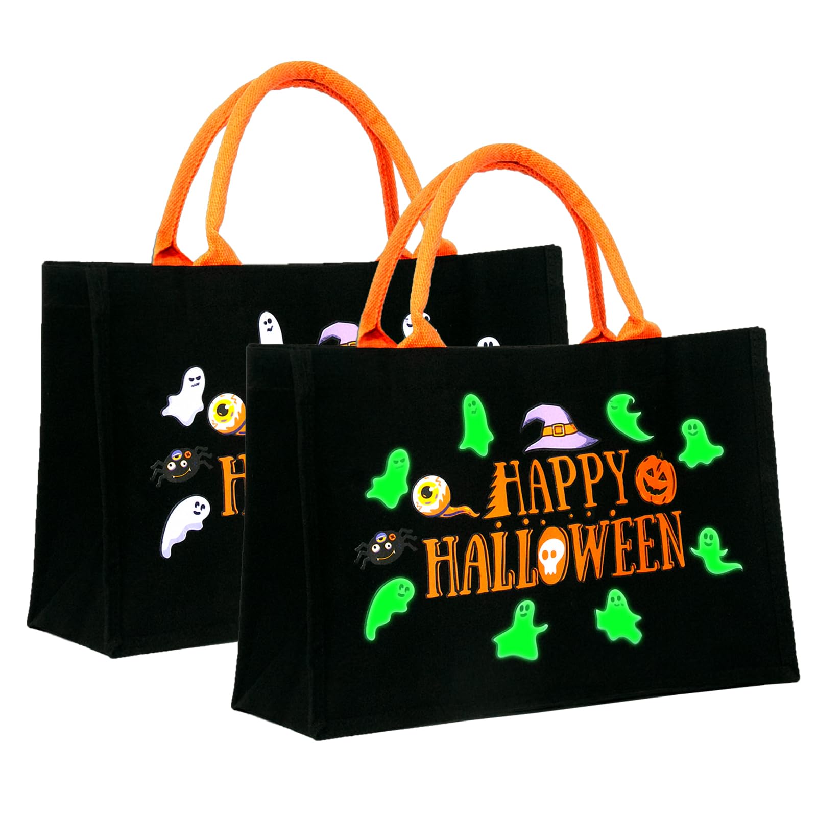 Mhtdet 2PCS Halloween Trick or Treat Bags, Glow in The Dark Halloween Candy Tote Bag with Handle, Halloween Canvas Tote Bag, Reusable Halloween Bags for Trick or Treating, Halloween Party