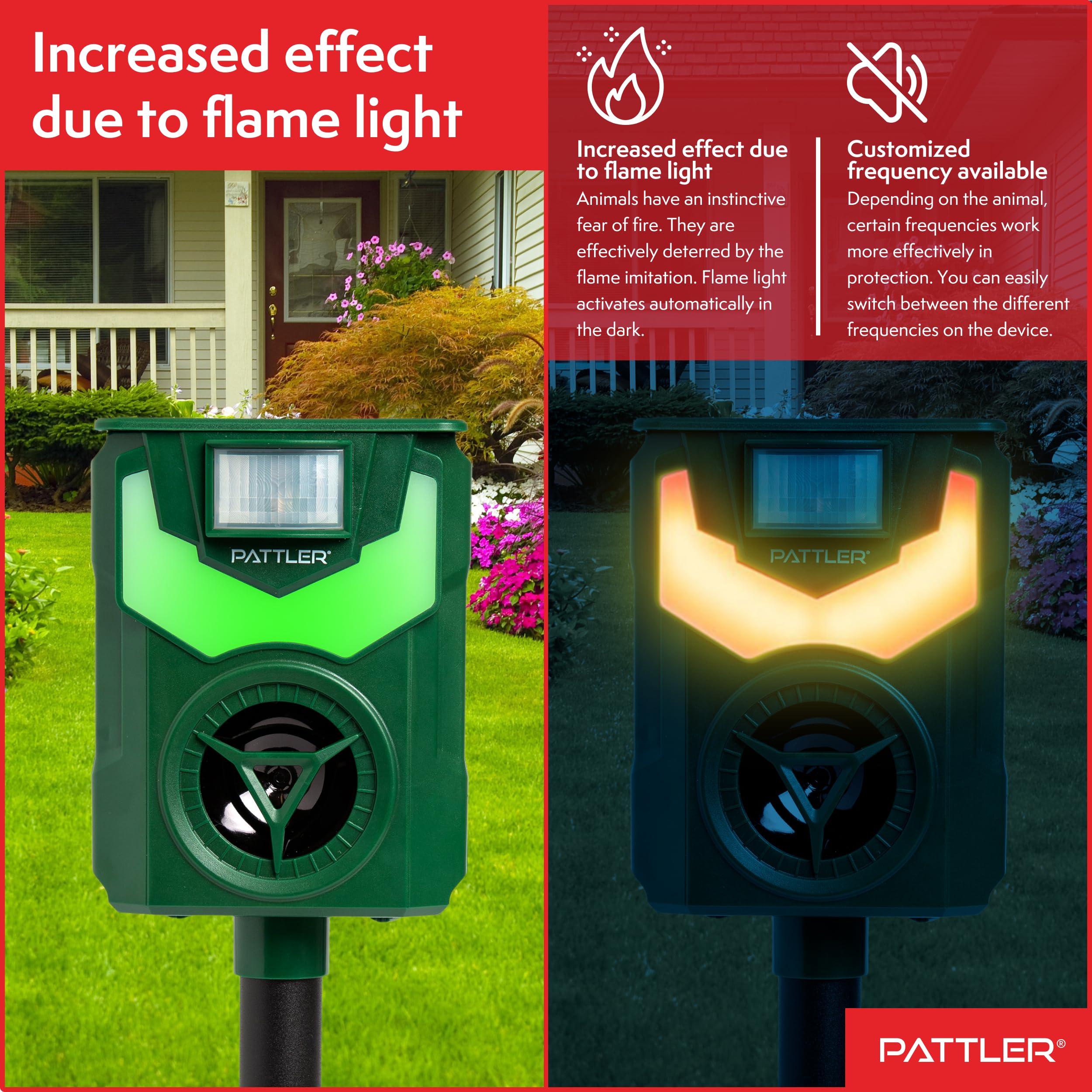 PATTLER® Animal Repellent Outdoor with Flame Light to Scare Animals | Deer and Rabbit Repellent with Motion Sensor up to 10m Range | Ultrasonic Deer Repellent | Rabbit Repellent Outdoor | | 1 Pack