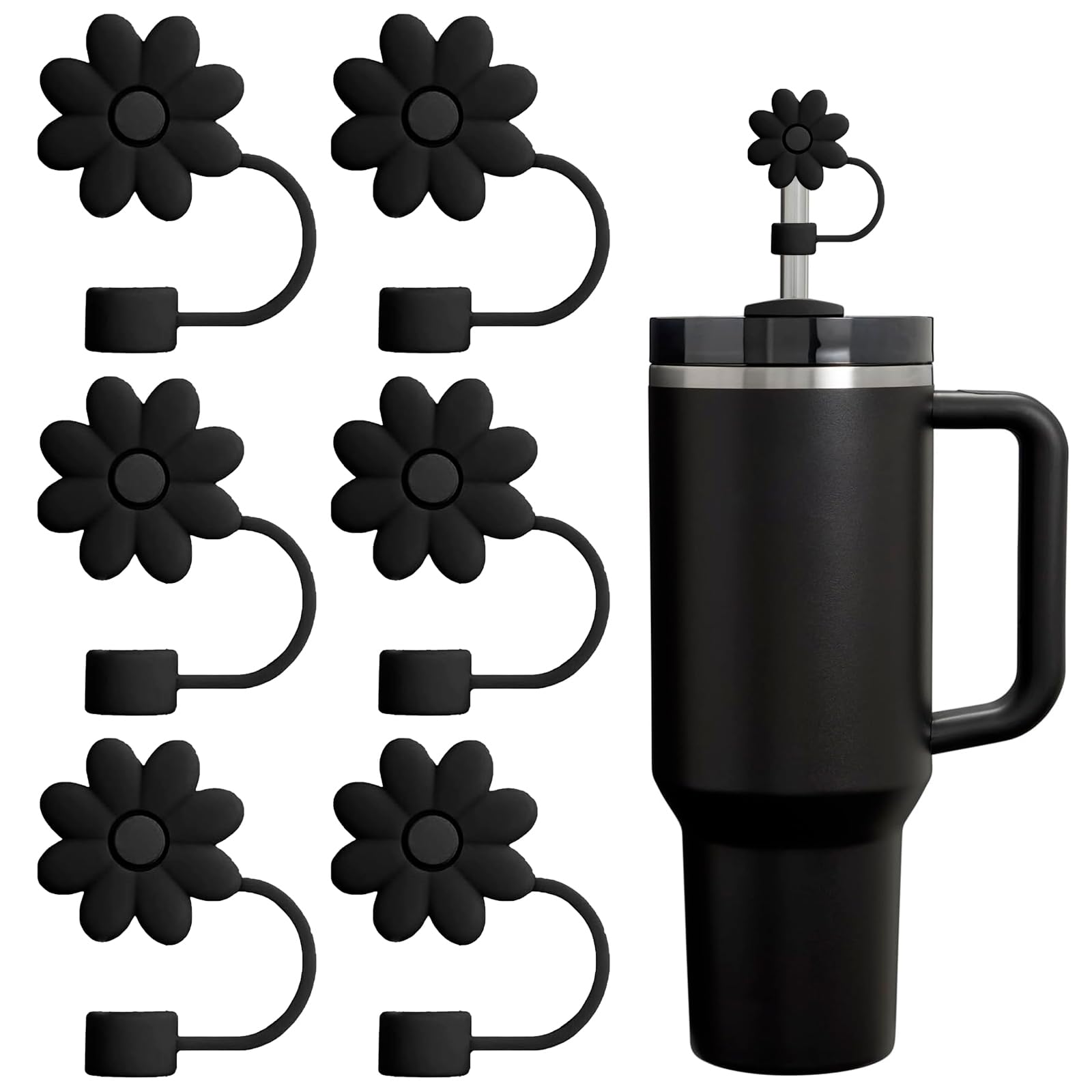 Ghislaine Straw Cover Cap for Stanley Cup, Stanley Cup Accessories Flower Straw Topper Silicone Dust-Proof Protector for 40/30/20 Oz Tumblers 10mm Straws (Black)