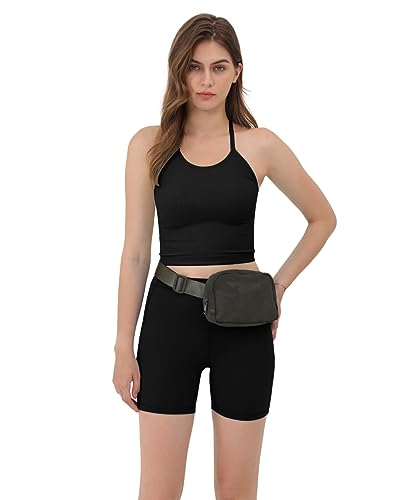 ODODOS Women's Crop Camisole 3-Pack Washed Seamless Rib-Knit Crop Tank Tops, Long Crop, White Gray Black, Medium/Large