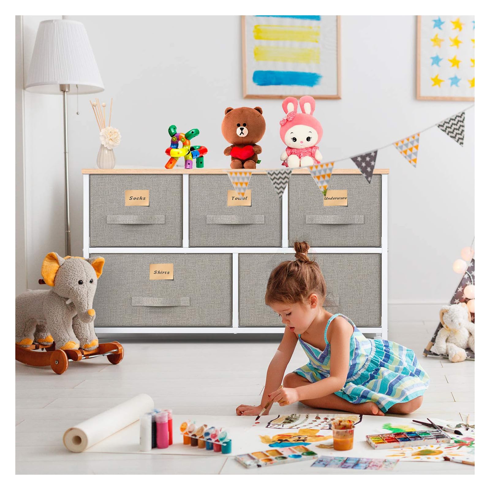 Pipishell Fabric Dresser, Dresser for Bedroom with 5 Drawers, Wide Dresser Storage Tower Organizer Unit with Wood Top and Easy Pull Handle for Closets, Living Room, Nursery Room, Hallway(Light Grey)