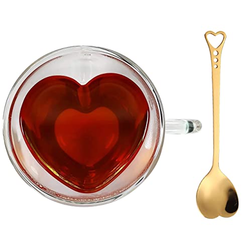Lucy Sui Heart Shaped Cup - Double Walled Insulated Glass Coffee Mug or Tea Cup - Double Wall Glass 8oz (240ml) - Clear - Unique & Insulated with Handle - With Teaspoon