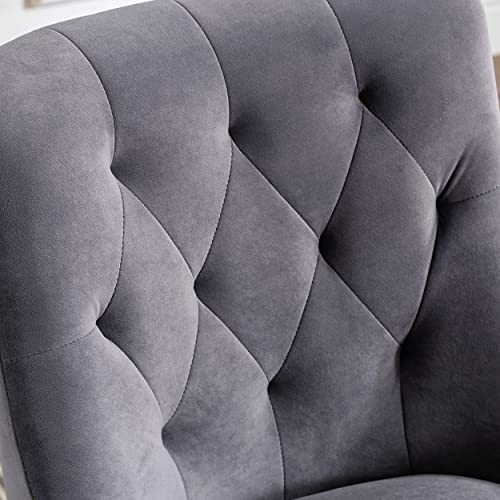 KINWELL Upholstered Dining Chairs Set of 2, Modern Accent Side Chair with Tufted Back and Pull Handle, Velvet Armchair Desk Chair with Gold Metal Legs for Living Room, Home Office,Vanity (Gray)