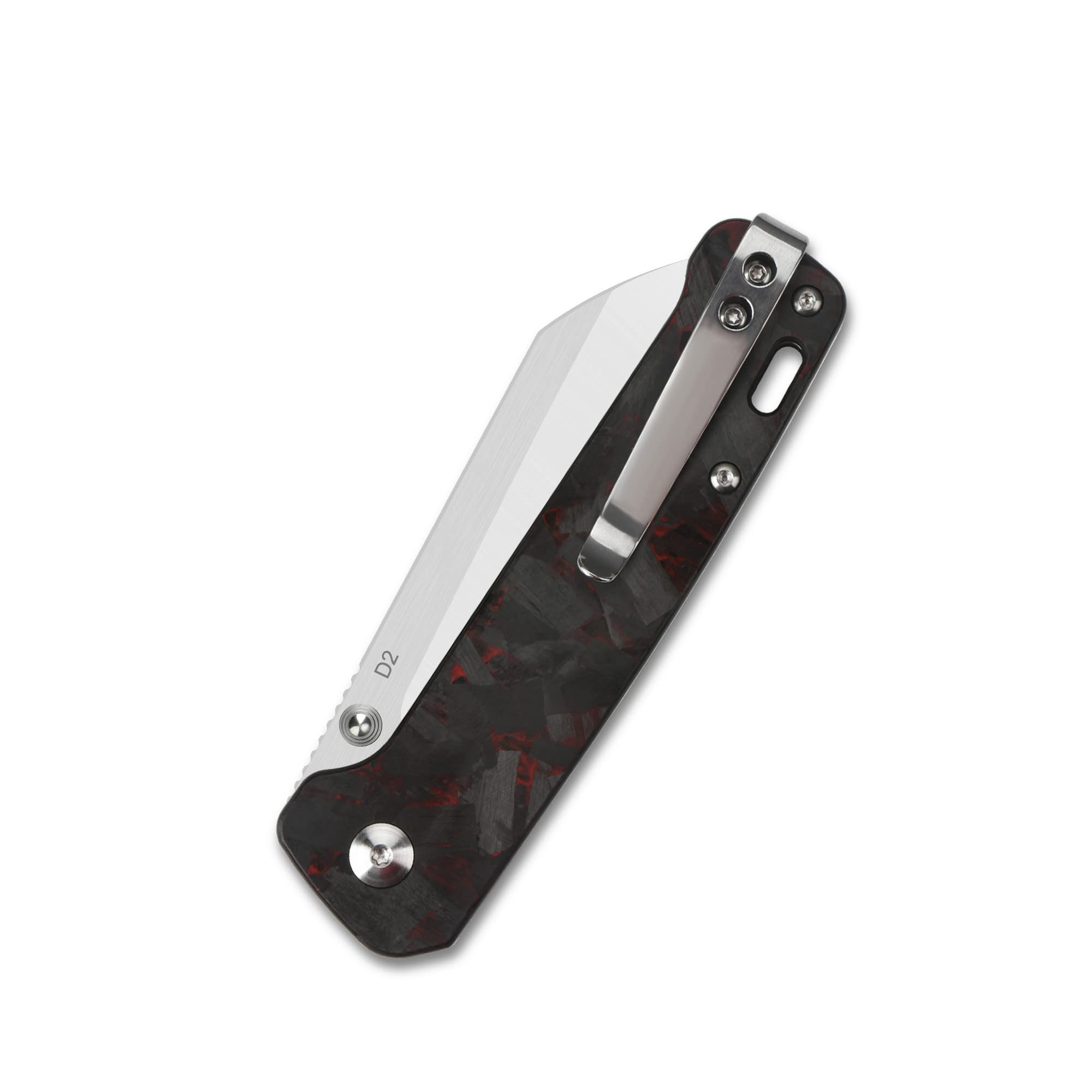 QSP Penguin Pocket Knife,D2 blade,Various Handle Option (2 tone satin finish blade, shredded CF (red) overlay black G10)