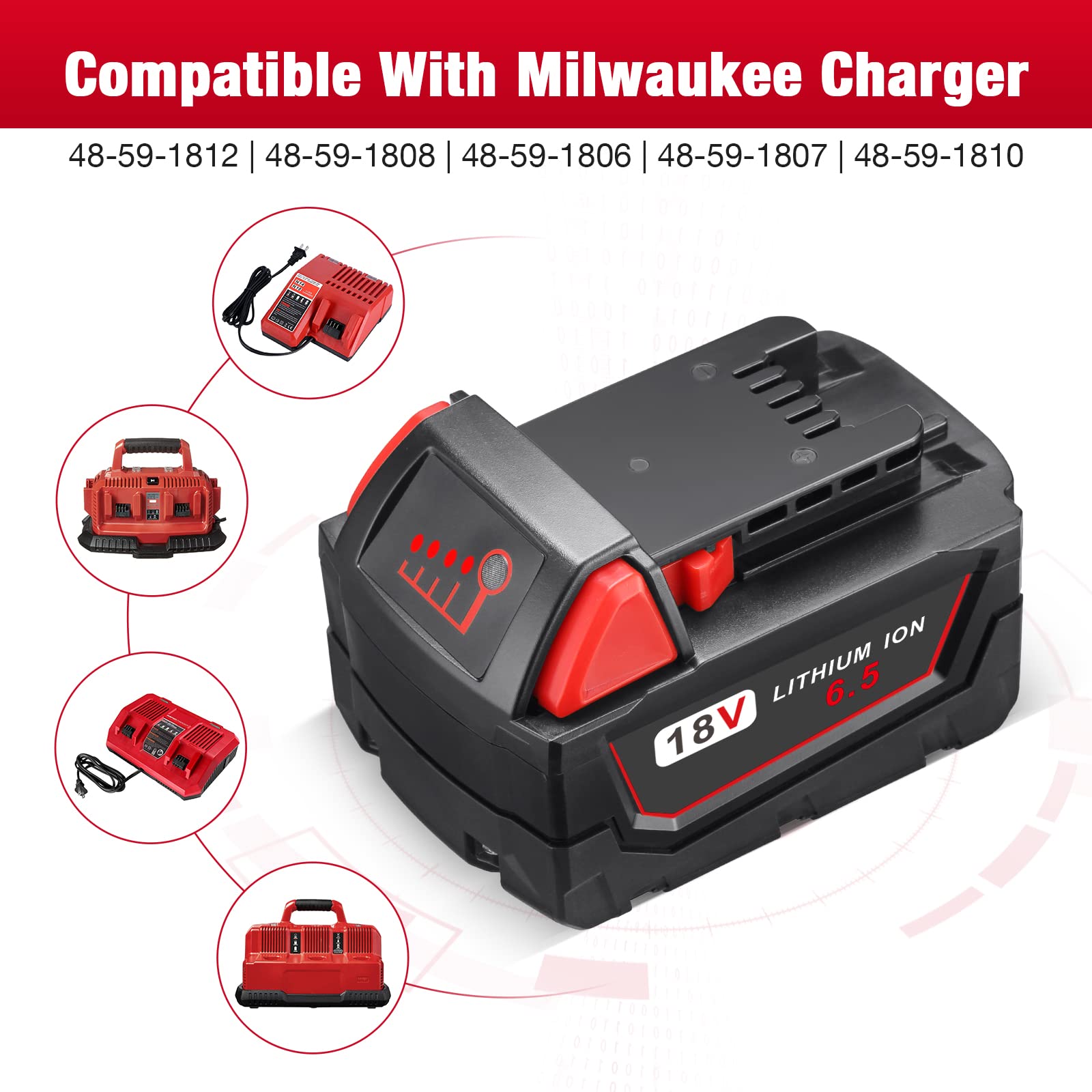 FirstPower 6.5Ah 18V M-18 Battery 2Packs - Compatible with Milwaukee M-18 48-11-1852 18V Lithium Cordless Power Tools - M18B 48-11-1850 48-11-1820 48-11-1828 48-11-10