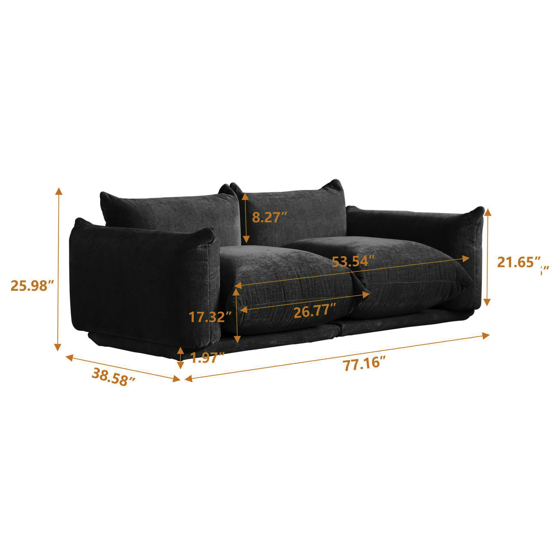 JACH Mid-Century Modern Sectional Couch, Chenille Couch Deep 2-Seats Couches with Thick Cushion, 77" Plush Sofas Furniture for Small Spaces Living Room Bedroom Office Apartment, Black
