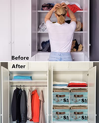 Summer Beach Crab Storage Basket Waterproof Cube Storage Bin Organizer with Handles, Anchor Nautical Sand and Surf Teal Wooden Collapsible Storage Cubes Bins for Clothes Books Toys 15"x11"x9.5"