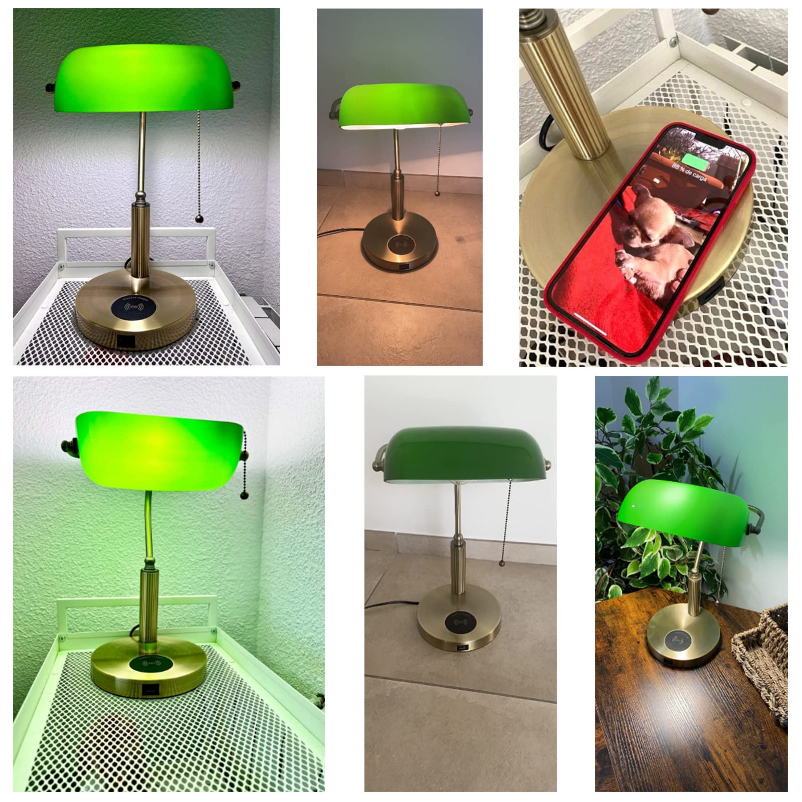 FIRVRE Glass Bankers Desk Lamp USB Wireless Charging Port LED Desk Lamp Classic Retro Pull Chain Switch Table lamp Reading Modern for Home Office nightstand Bedside Study Desk Library (Green)