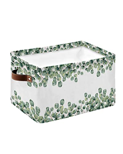 Summer Tropical Green Leaves Filling Storage Baskets for Organizing, Watercolor Plants Fabric Storage Bins for Shelf, Collapsible Cube Bin with Handles for Closet（15''x11''x9.5''）