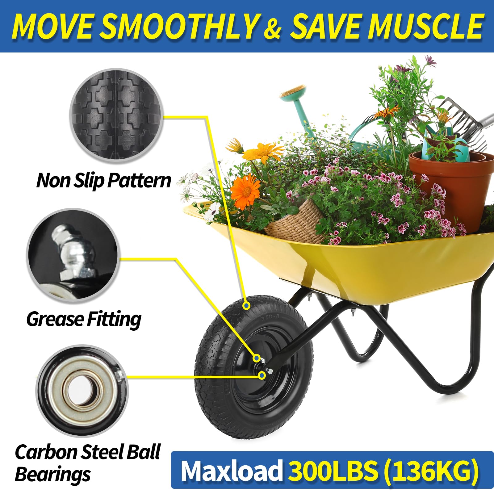 GICOOL 14.5" Wheelbarrow Tire, 3.50-8" Flat-free Solid Tire and Wheel with 5/8" Axle Bore Hole, 3-6" Centered Hub for Wheelbarrow Trolley Dolly Lawn Mover Go Kart Replacement