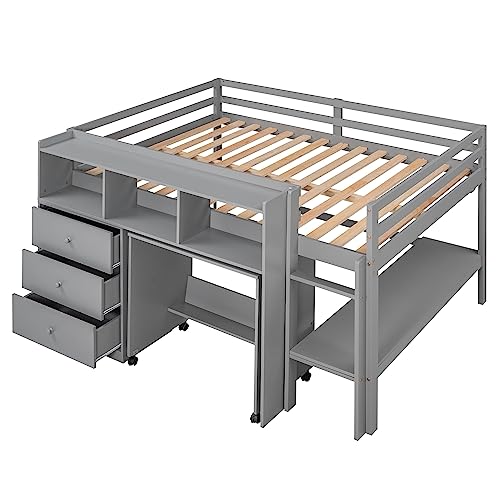 Wooden Full Size Bed Frame Full Size Low Loft Bed with Rolling Portable Desk, Drawers and Shelves, Gray