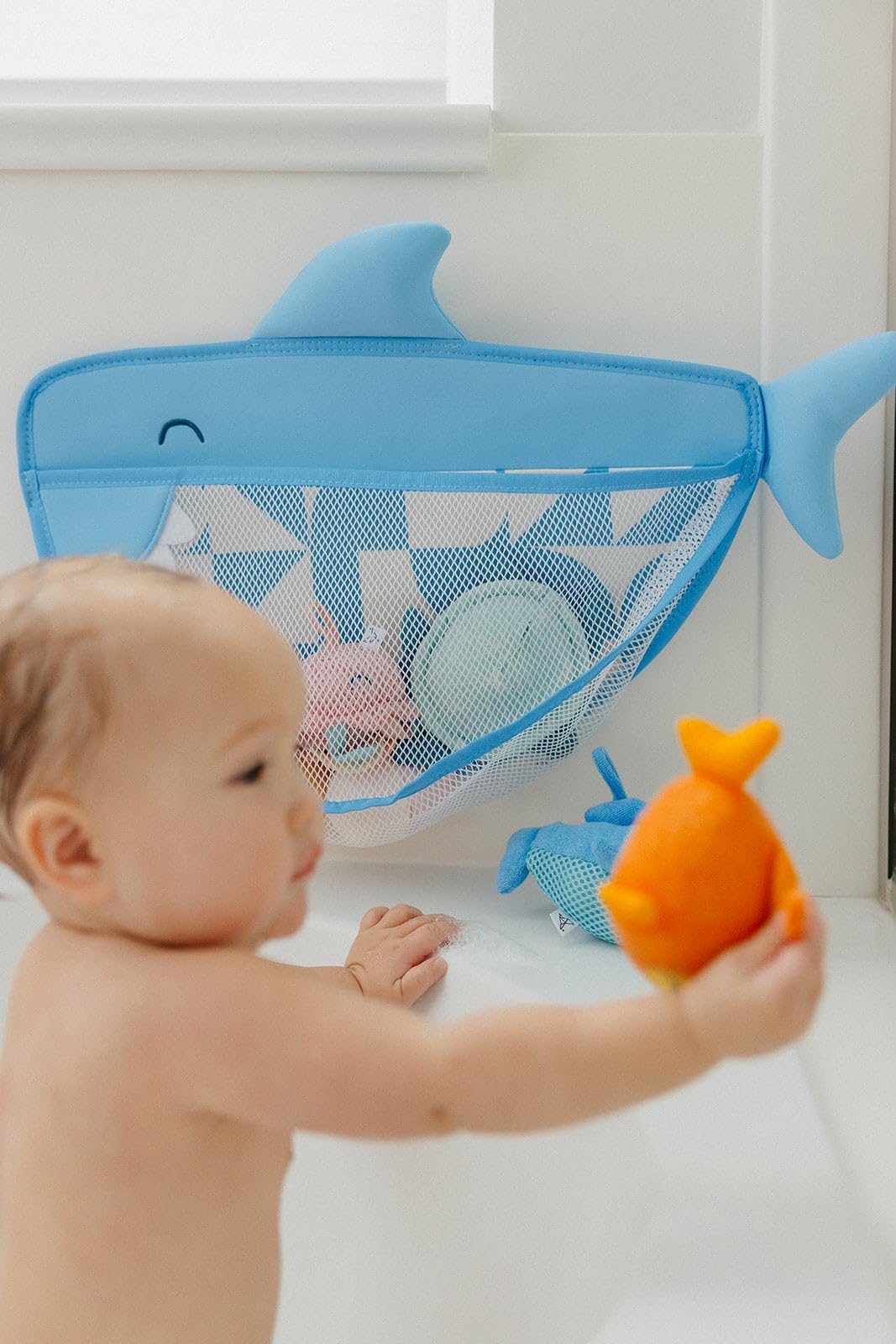 Oceana Bath Toy Organizer with Suction Cups by Copper Pearl: Extra-Large Mesh Bath Toy Holder for Bathtub, Quick-Dry Bath Toy Storage Net, Convenient Bath Toy Net for Tub - Finn