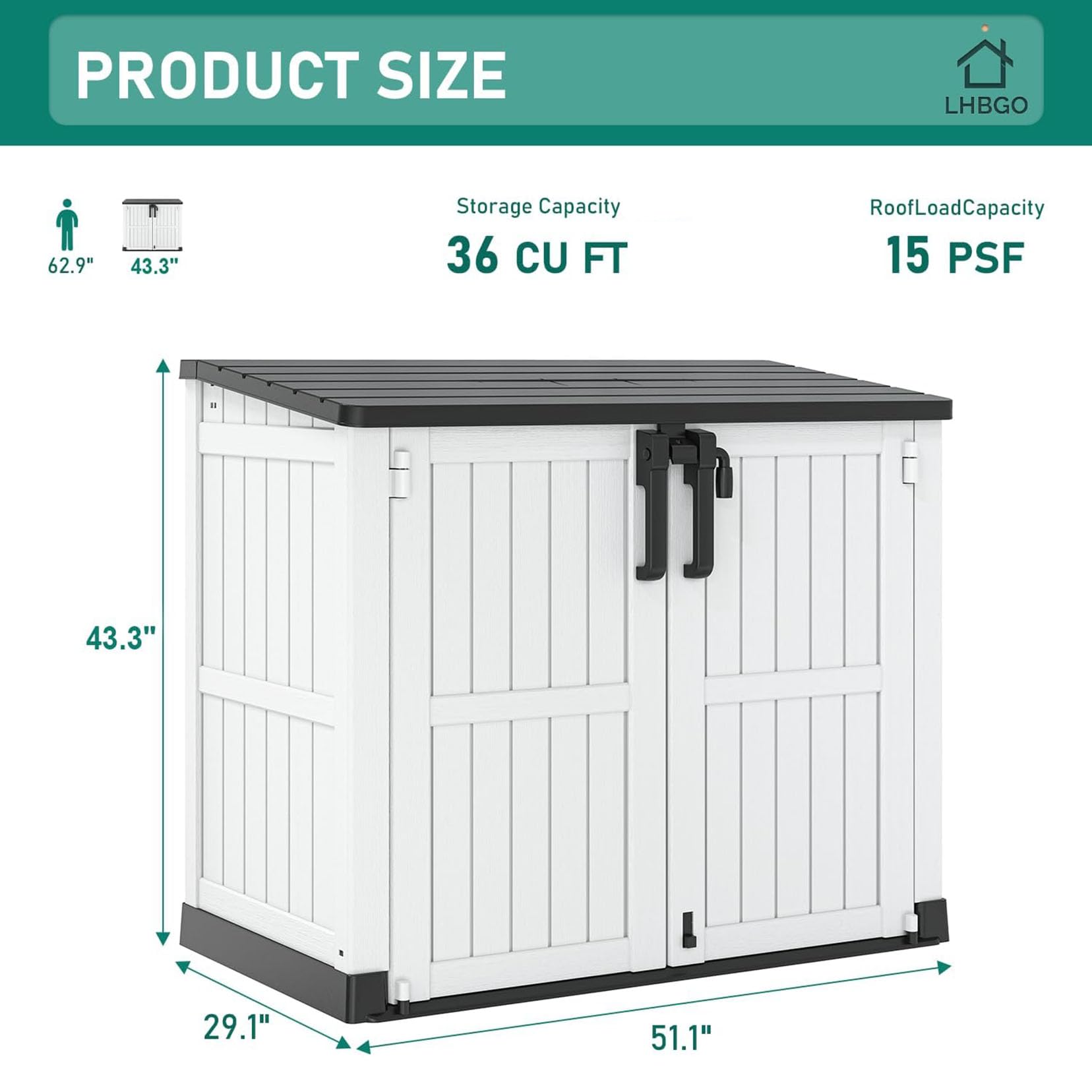 LHBGO Outdoor Storage Shed 36 Cu. Ft.Horizontal Garden Storage Extra Large Capacity Weather Resistant Storage Box, Lockable Resin Waterproof Shed for Bike, Garbage Cans, Lawnmowe, Garden Tools