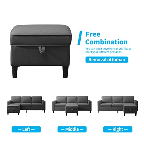 Horgaeo Convertible Sectional Sofa Couch, 3-Seat L-Shaped Couch with Storage Ottoman, Wooden Legs Modern Linen Fabric Reversible Chaise for Living Room, Bedroom, Apartment (Dark Grey) 78''