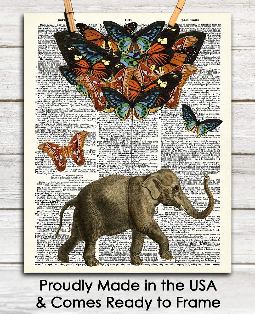 Elephant With Butterfly Balloons Dictionary Wall Art Print: Unique Room Decor for Boys, Men, Girls & Women - (8x10) Unframed Picture