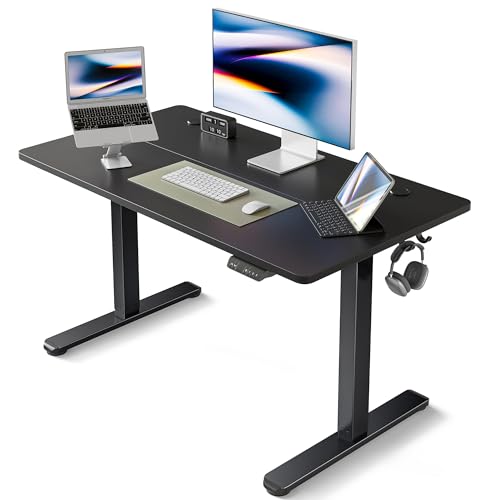 FEZIBO Height Adjustable Electric Standing Desk, 44 x 24 Inches Stand up Table, Sit Stand Home Office Desk with Splice Board, Rusticbrown