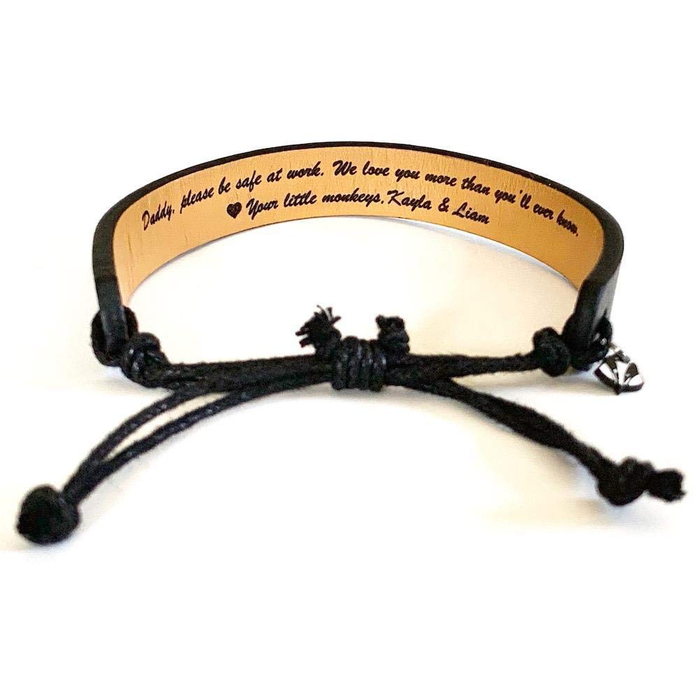 Swanky Badger NEW Personalized Bracelet – Leather, Sliding Knot (Black Message)