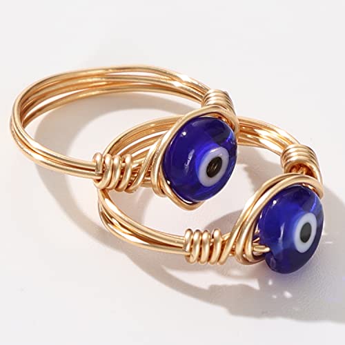 Frmingdocj Blue Evil Eye Glass Bead in Sterling Silver or 14kt Yellow or Rose Gold Filled Wire Band - Handmade Wire Wrapped Ring (9)