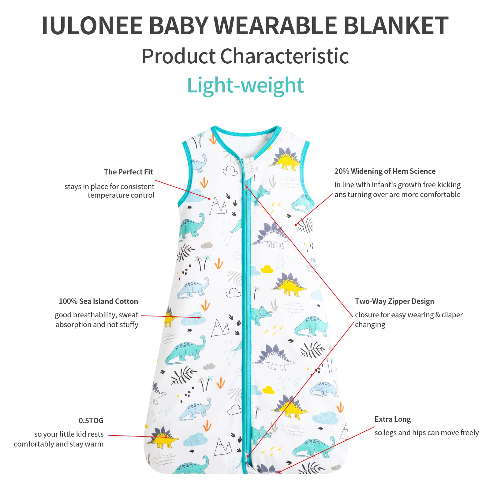 IULONEE Baby Sleep Sack, Infant Wearable Blanket Breathable Lightweight Soft Sleeveless with Zipper Swaddle Transition Sleeping Bag Fits Babies Age 0-24 Months Toddler (Blue Dinosaur, M)
