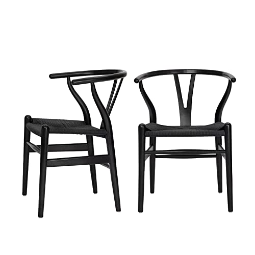 Polynices Wishbone Chair, Weave Modern Solid Wood Mid-Century Y Shaped Backrest Dining Chair (Black Set of 2)