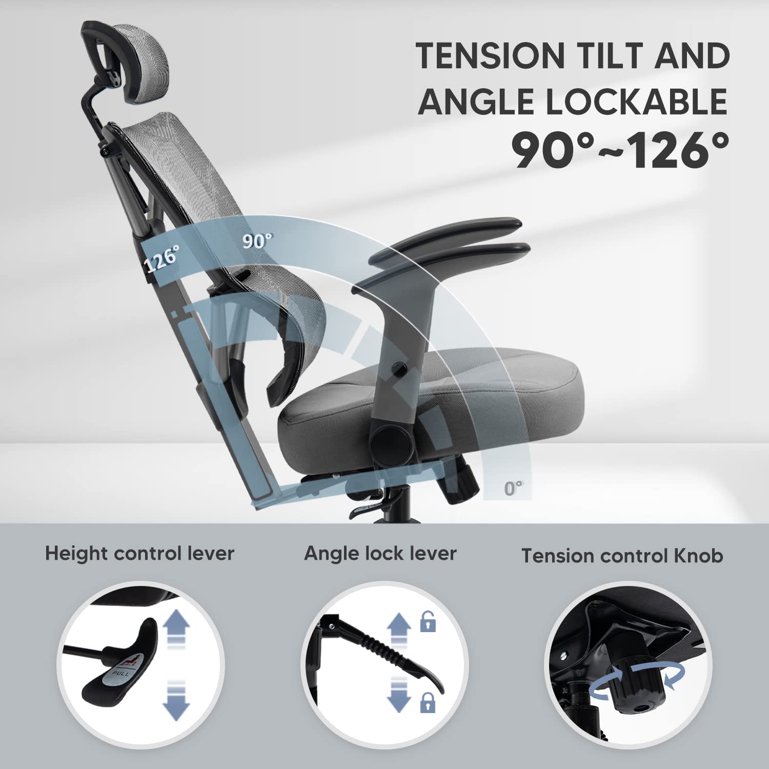 Ergonomic Mesh Office Chair - High Back Home Office Desk Chairs with Adjustable Headrest, 2D Flip-up Arms, Lumbar Support, Tilt Function and Rubber Wheels - Ergonomic Design for Back Pain,Gray