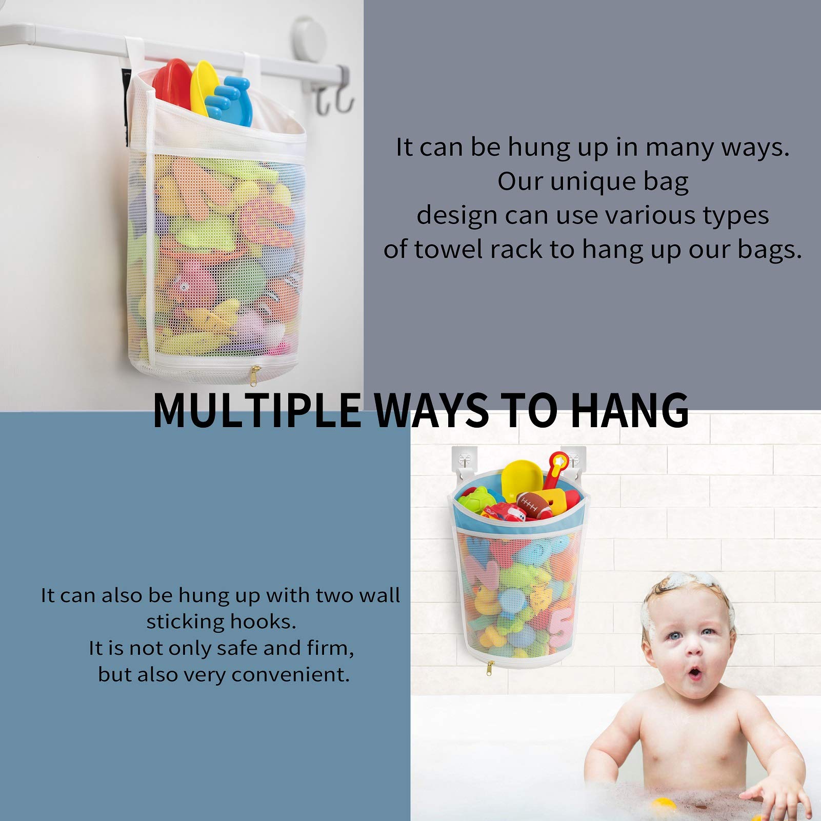 FHDS Clever Zippered Mesh Bath Toy Organizer, Multiple Ways to Hang, Ultra Large Capacity & Large Opening, Multi Use Bathtub Toy Storage Bag ( Large, Pink )