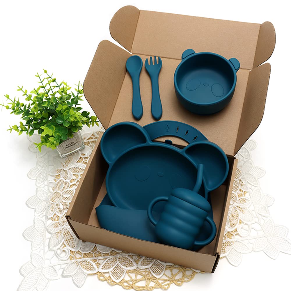 Kadazzel Baby Led Weaning Supply - 6 Piece Baby Feeding Set - including Silicone Suction Plate and Bowl, Baby Utensils,Sippy Cup, Soft Straw and Bib