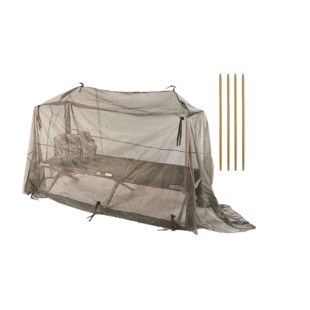 Genuine Issue Mosquito Net W/ (4) Folding Cot Mosquito Bar Poles, OD, Made in USA, Olive Drab, (CA-740)