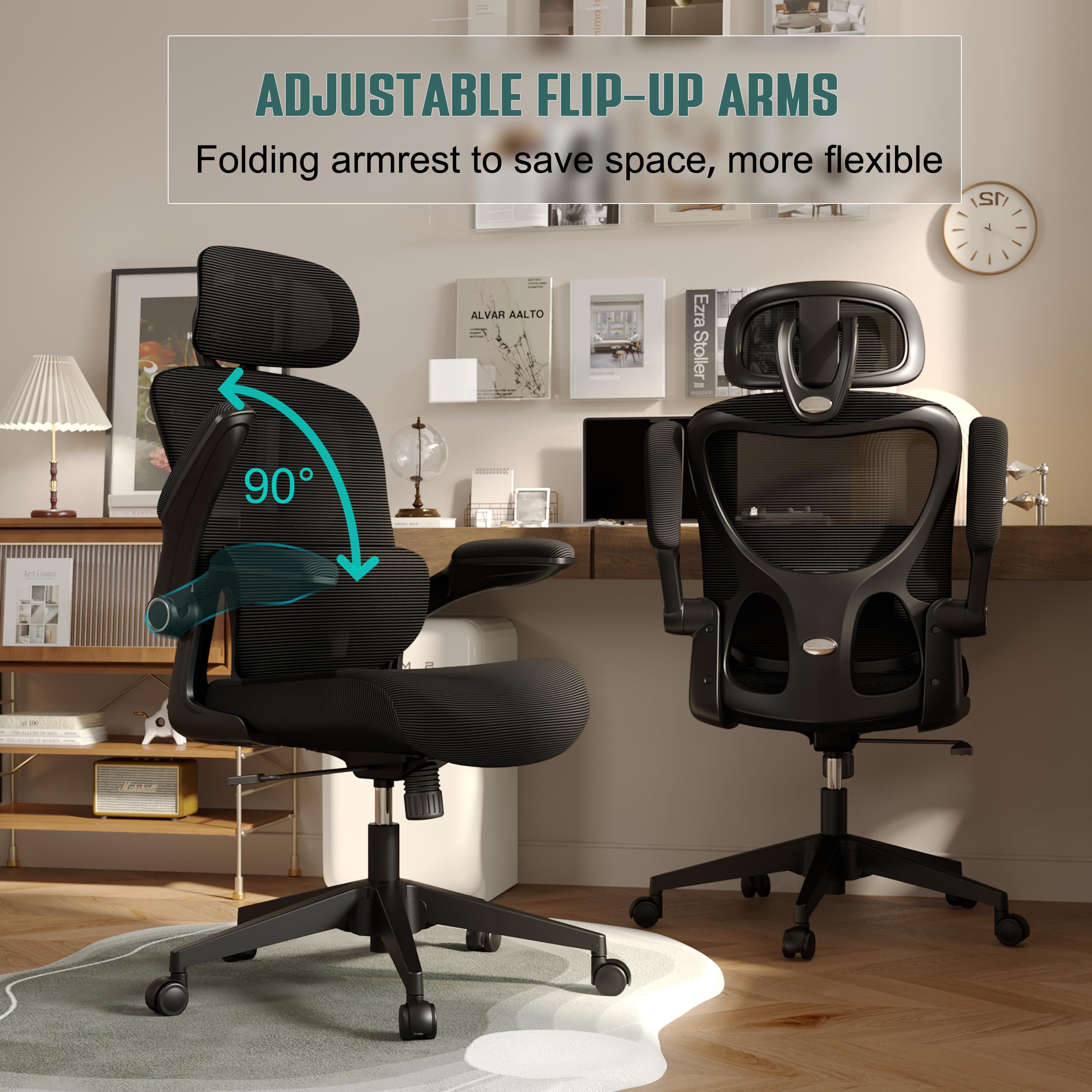 Ergonomic Office Desk Chair, High Back Mesh Chair with Flip-Up Arm, Headrest, Swivel Rolling Wheel, Adjustable Lumbar Support, Big and Tall Comfy Computer Gaming Task Chairs for Adults