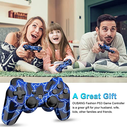 OUBANG 2 Pack Remotes Work with PS3 Controller Wireless, Cool Blue Gamepad Compatible with Playstation 3 Controller, Wireless Game Control for PS3 with Upgraded Joystick, Pa3 Controllers for PS3 Gift