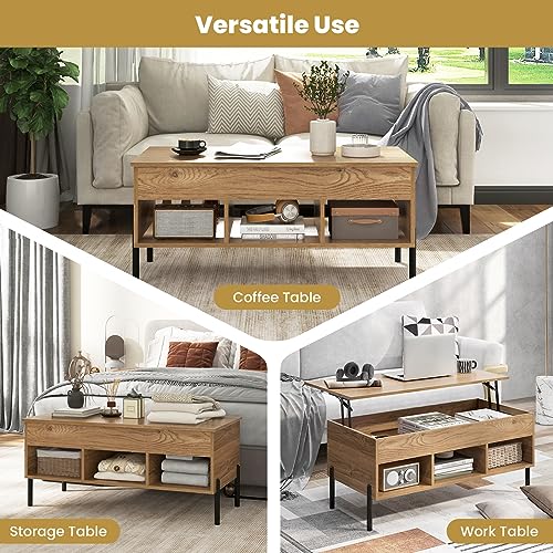 Tangkula Lift Top Coffee Table with Metal Legs, Rising Center Table w/Hidden Compartment & 3 Open Cubbies, Multifunctional Wood Dining Working Table for Living Room Reception Room (Natural)