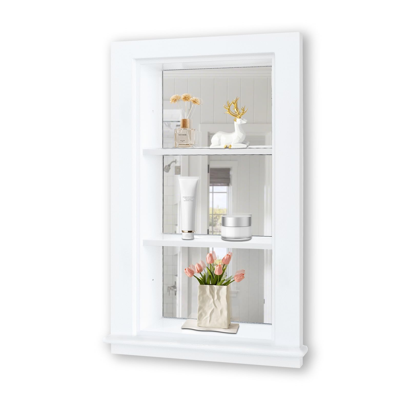 Jesantab 14 x 24 Recessed Medicine Cabinet, White Bathroom Cabinet Wall Mount, 3-Tier Wall Niche with Mirror, Shower Niche for Bathroom Storage