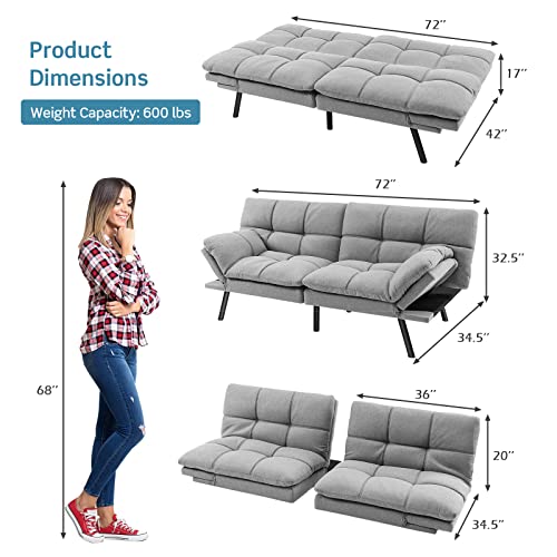 KOMFOTT Futon Sofa Bed, Linen Fabric Memory Foam Convertible Futon Couch with Adjustable Backrest & Armrests, Metal Legs, Modern Loveseat Sleeper Bed Split-Back Sofa for Small Apartment & Office
